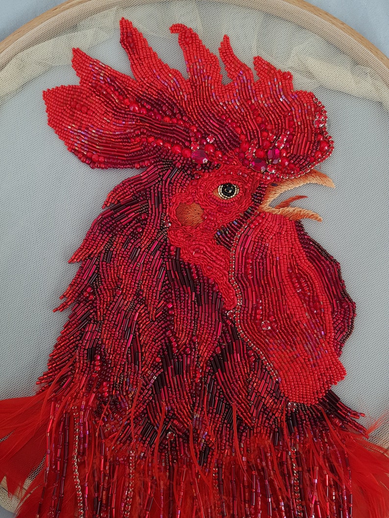 Red Rooster Handmade Embroidery Handicraft Red Bird Interior - Etsy