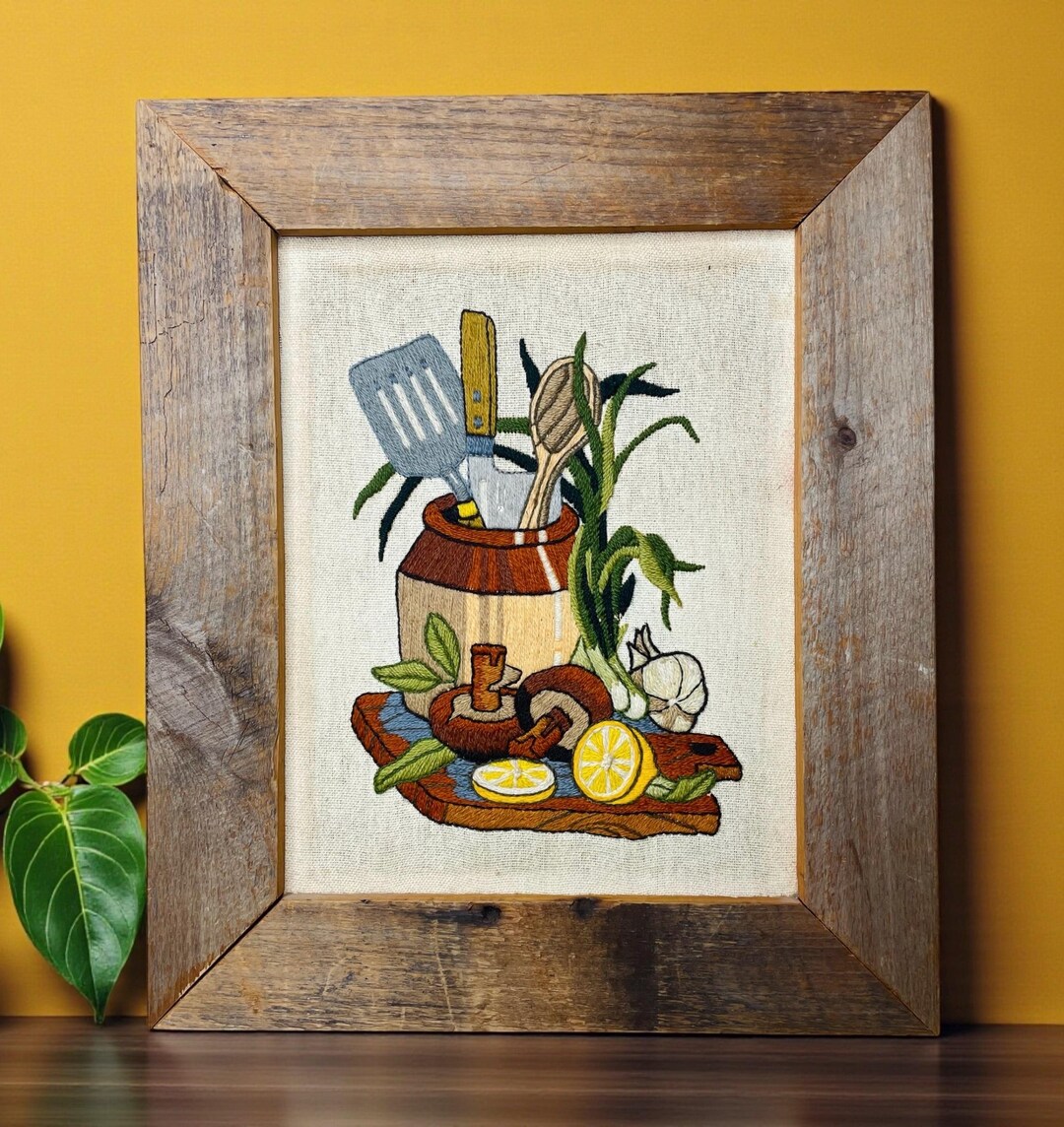 LARGE Vintage Handmade Crewel Art of a Retro/cottagecore Kitchen ...