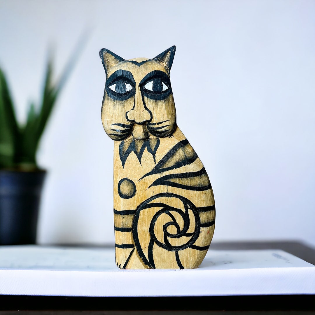 Funky Handmade Carved Wood Cat Figurine, With Handpainted/drawn Bold ...