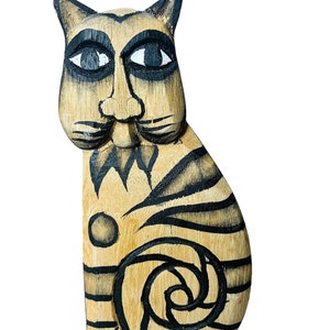 Funky Handmade Carved Wood Cat Figurine, With Handpainted/drawn Bold ...