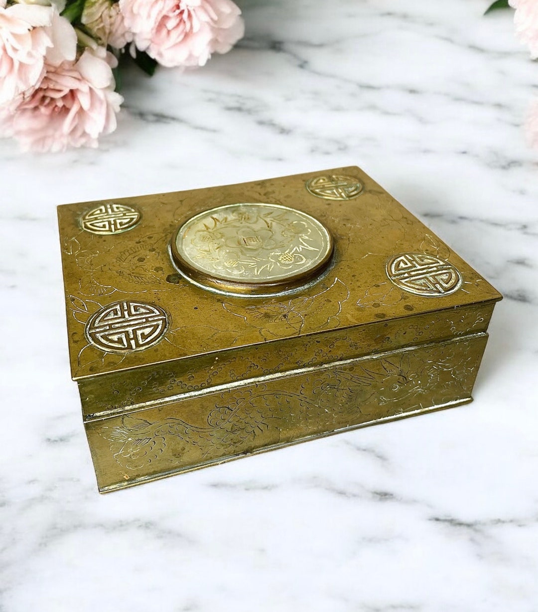Vintage 1940’s Chinese Gilt Brass Cigarette Box/jewelry Box W/carved ...