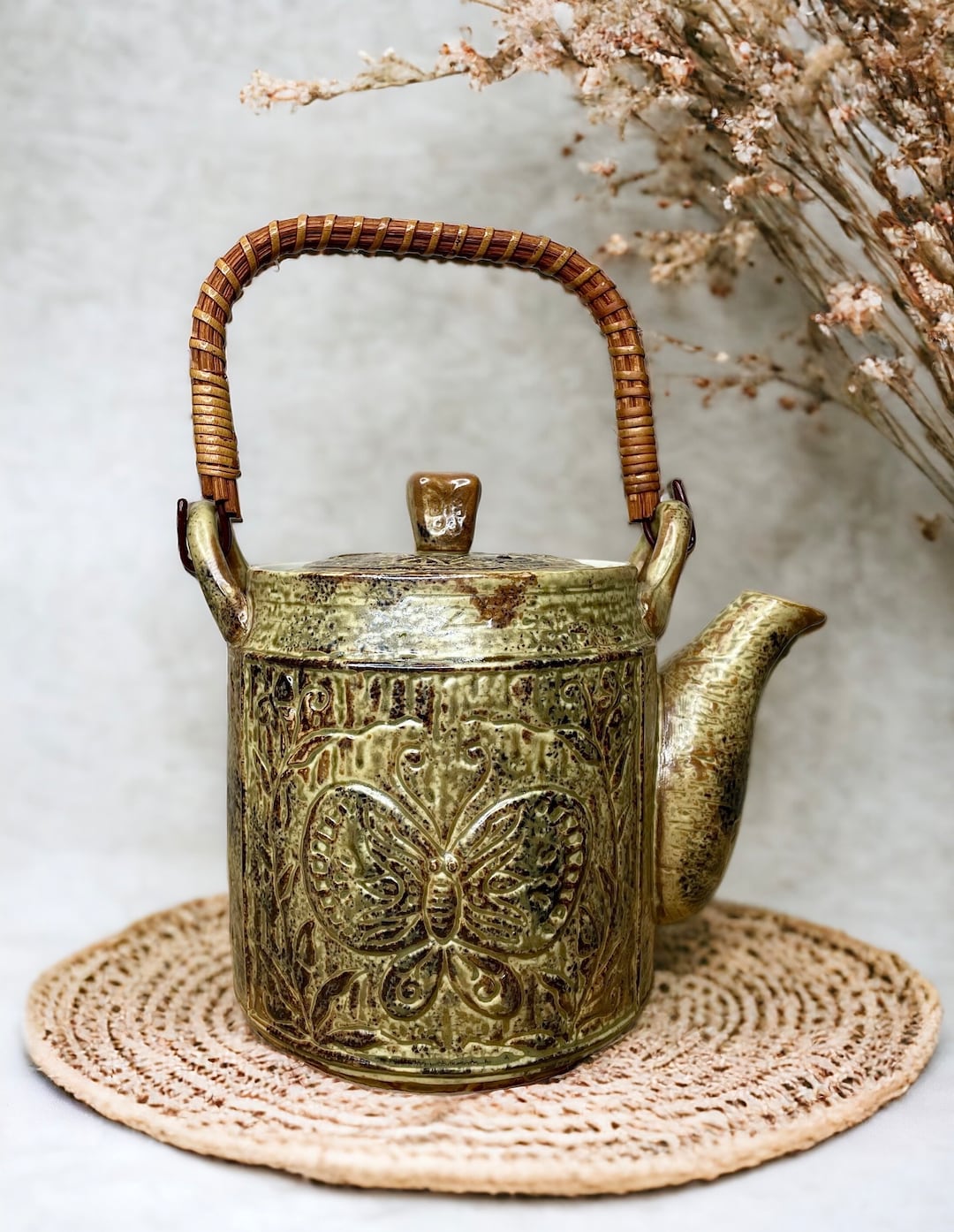 Boho Vintage Ceramic Japanese Teapot With Green/brown Textured ...