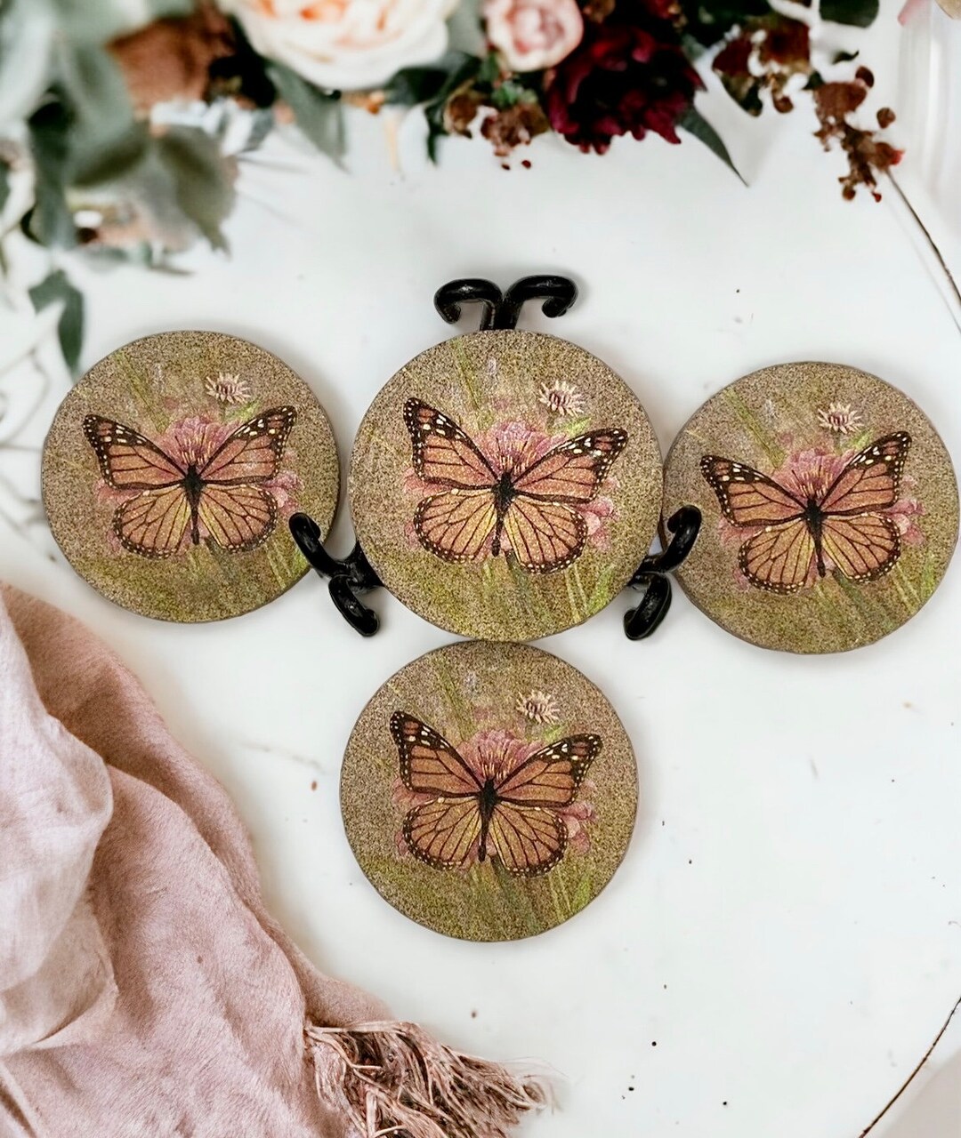 Pretty Vintage Boho Sandstone Butterfly Coaster Set of 4 Coasters With ...