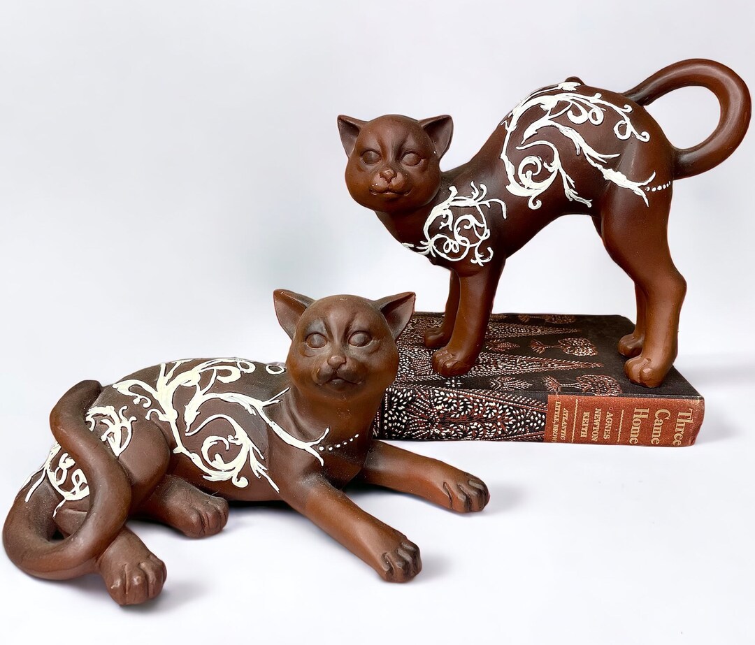 Pretty Vintage Pair of Brown Resin Cat Sculptures, One Laying and One ...