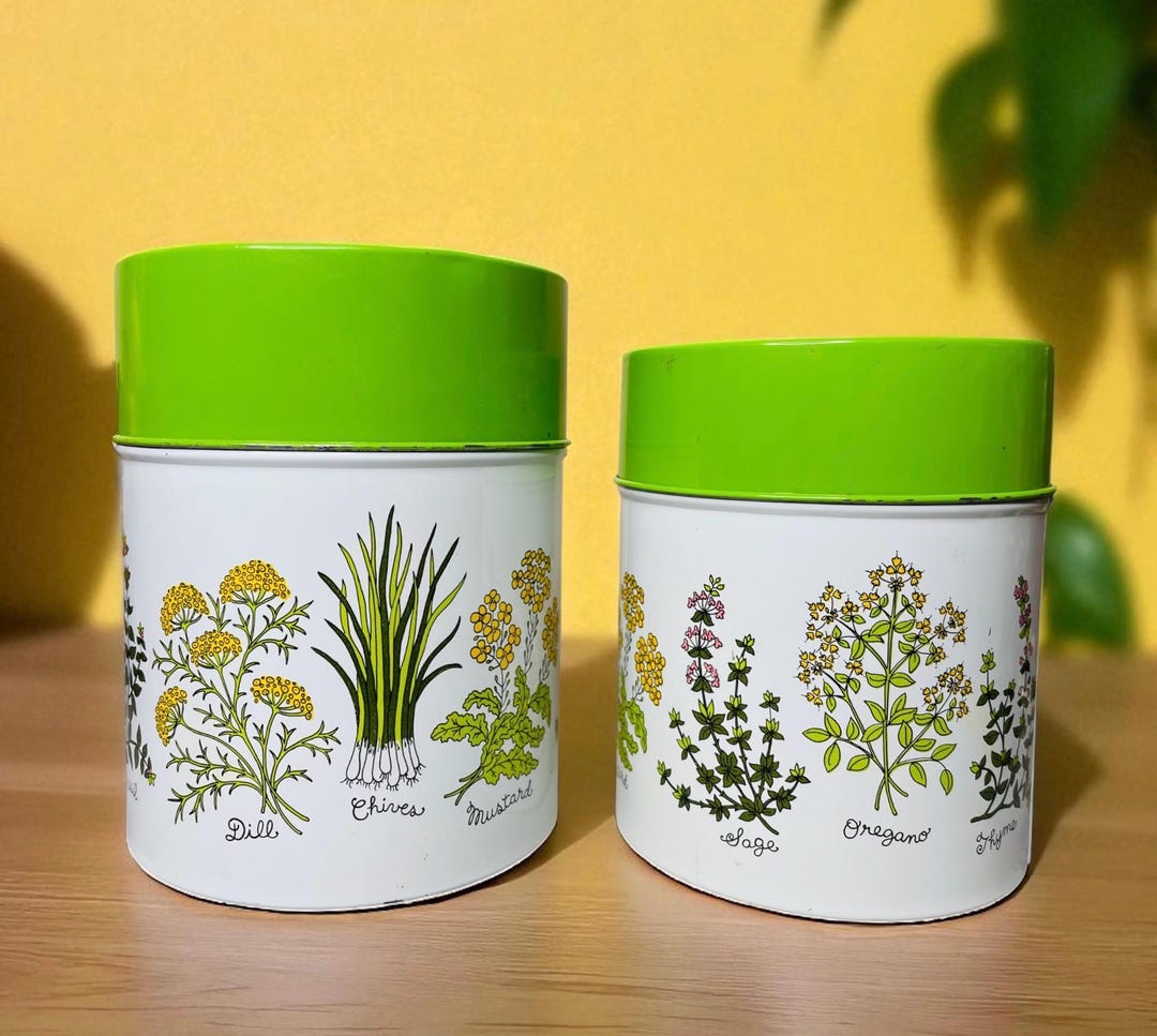 Vintage Pair of Metal Kitchen Canisters With Botanical Herb Designs ...