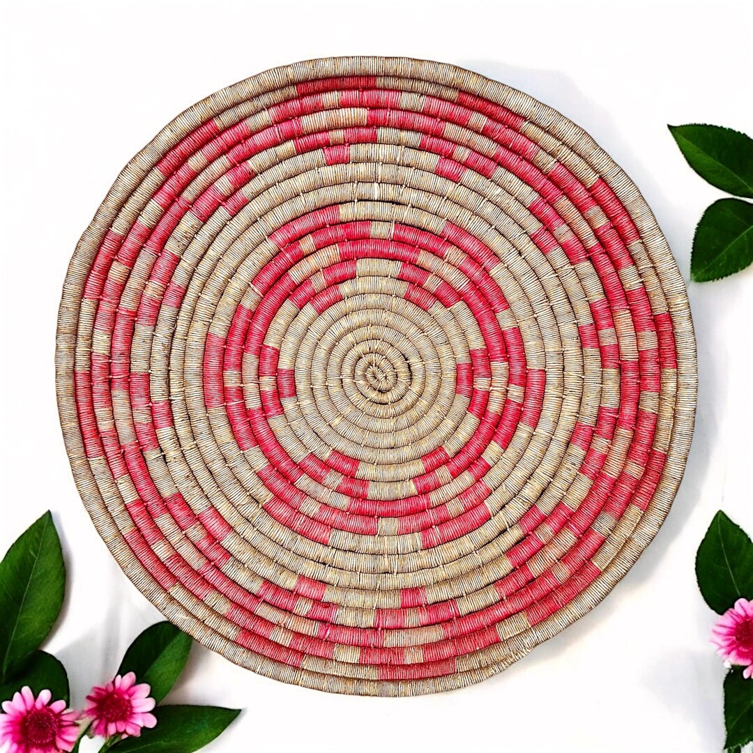 Vintage Handmade Rwanda African Woven Coiled Straw Basket/cream & Pink ...