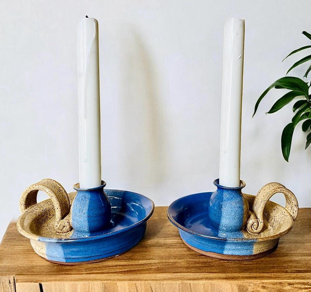 Vintage Handmade Pair of Pottery Candlestick Holders Three Tone Glazes ...