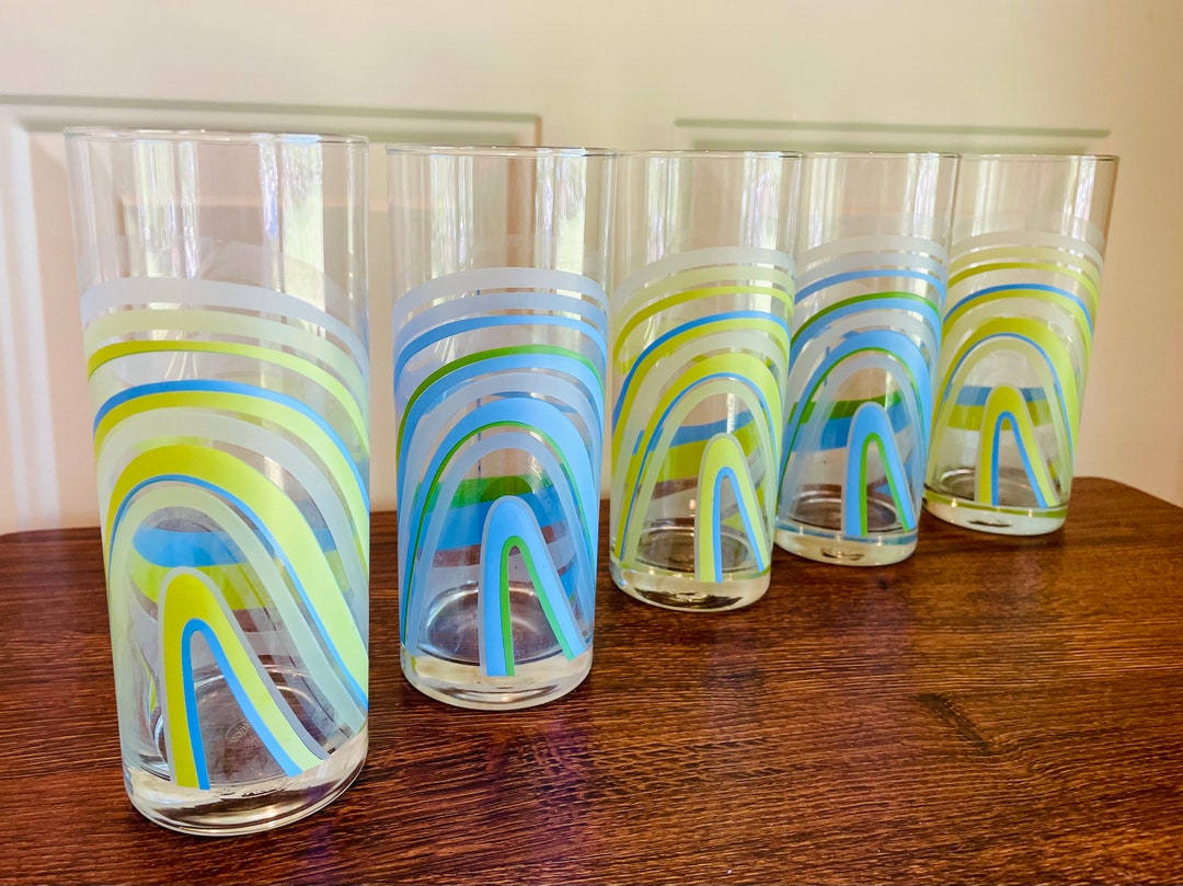 Groovy Vintage Set of 5 Retro Drinking Glasses With Blue/green Wave ...