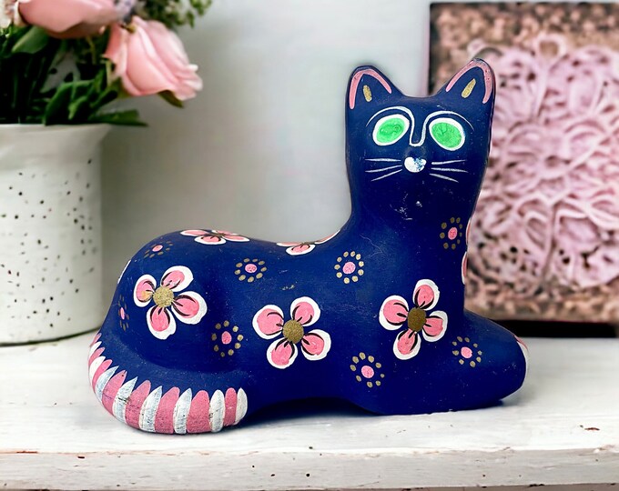 Adorable Vintage Folk Art Handpainted Mexican Pottery Cat Figurine ...