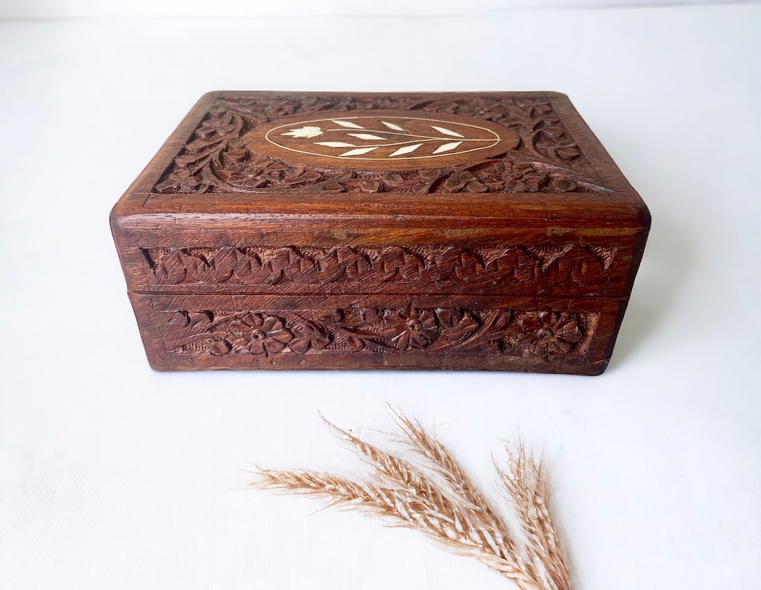 Boho Vintage Hand Carved Rosewood Jewelry Box With Intricate Etched ...