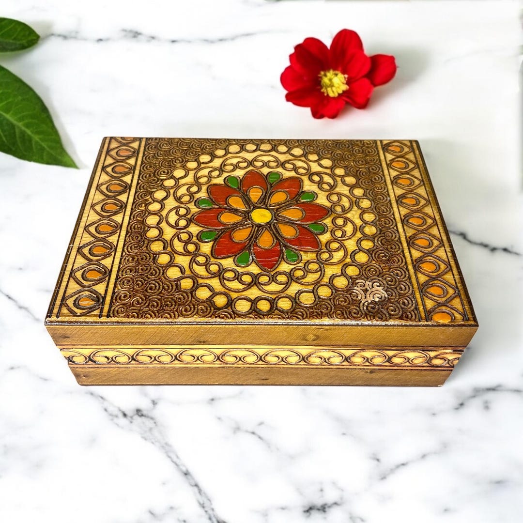 Vintage Handmade Polish Carved Wooden Trinket Box With Intricate Etched ...