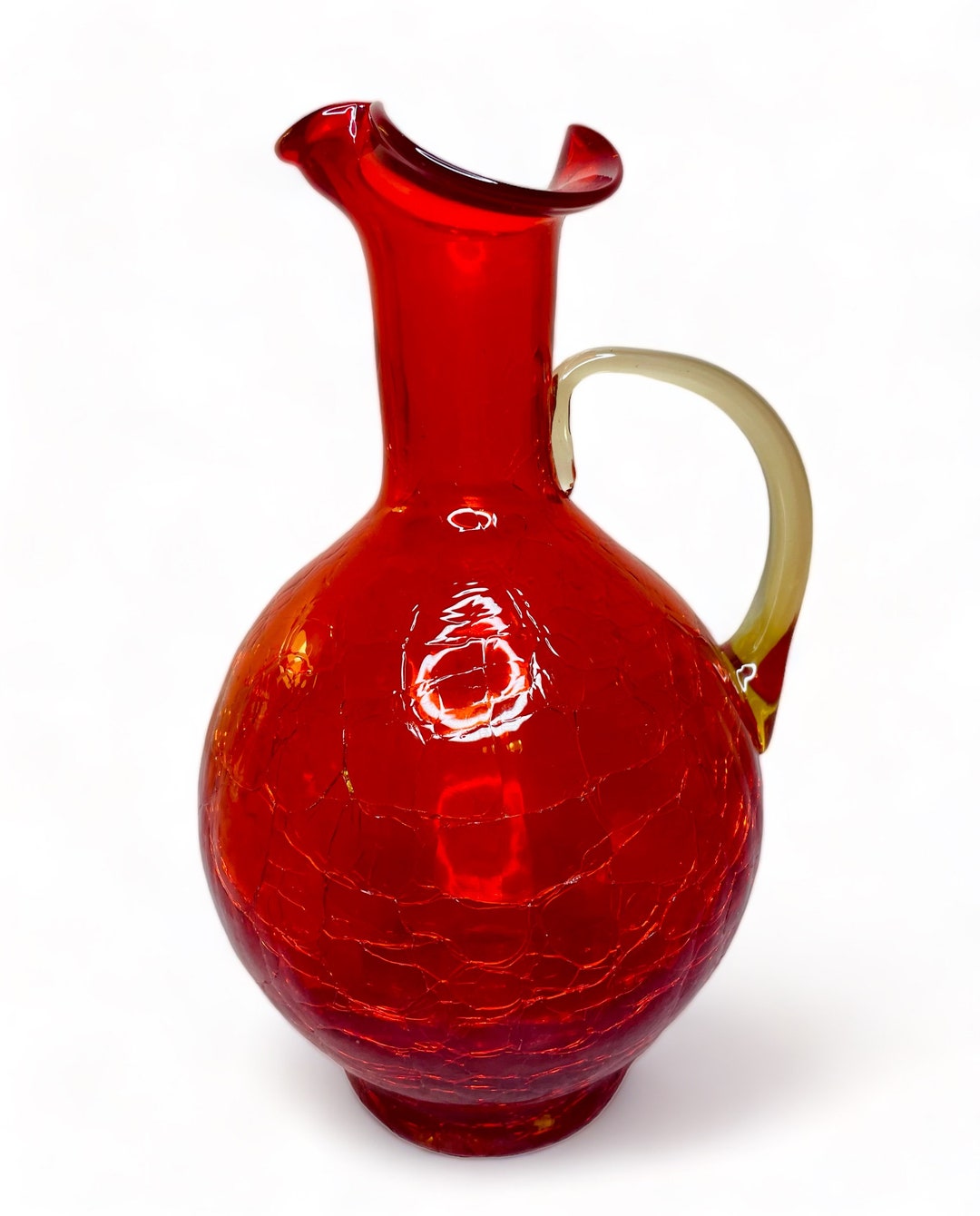 Vintage Hand Blown Amberina Red and Yellow Crackle Glass Pitcher ...
