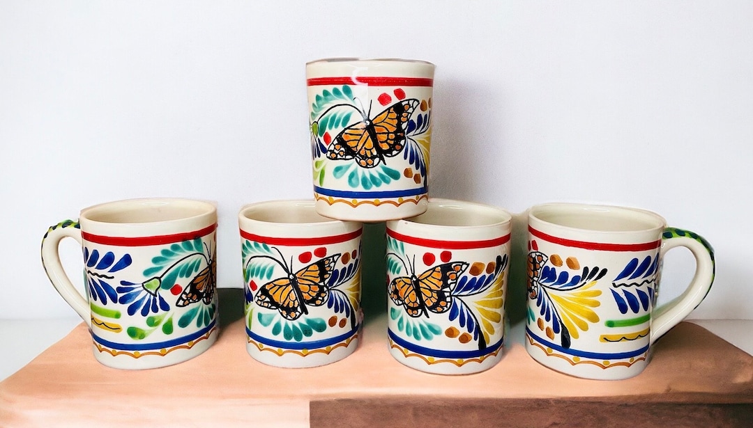 Vintage Handmade Mexican Set of 5 Mugs With Colorful Handpainted ...