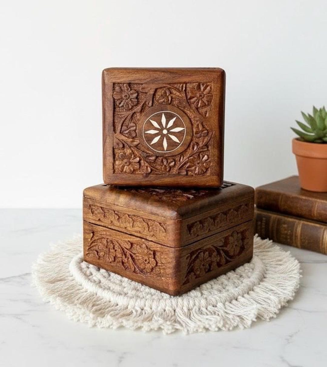 Boho Vintage Pair of Handmade Wooden Boxes W/engraved Florals & Inlaid ...