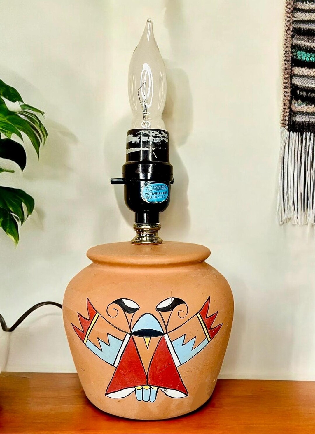 Vintage Southwest Style Terracotta/clay 40W Lamp/table Lamp, With Handpainted Thunderbird Design ...