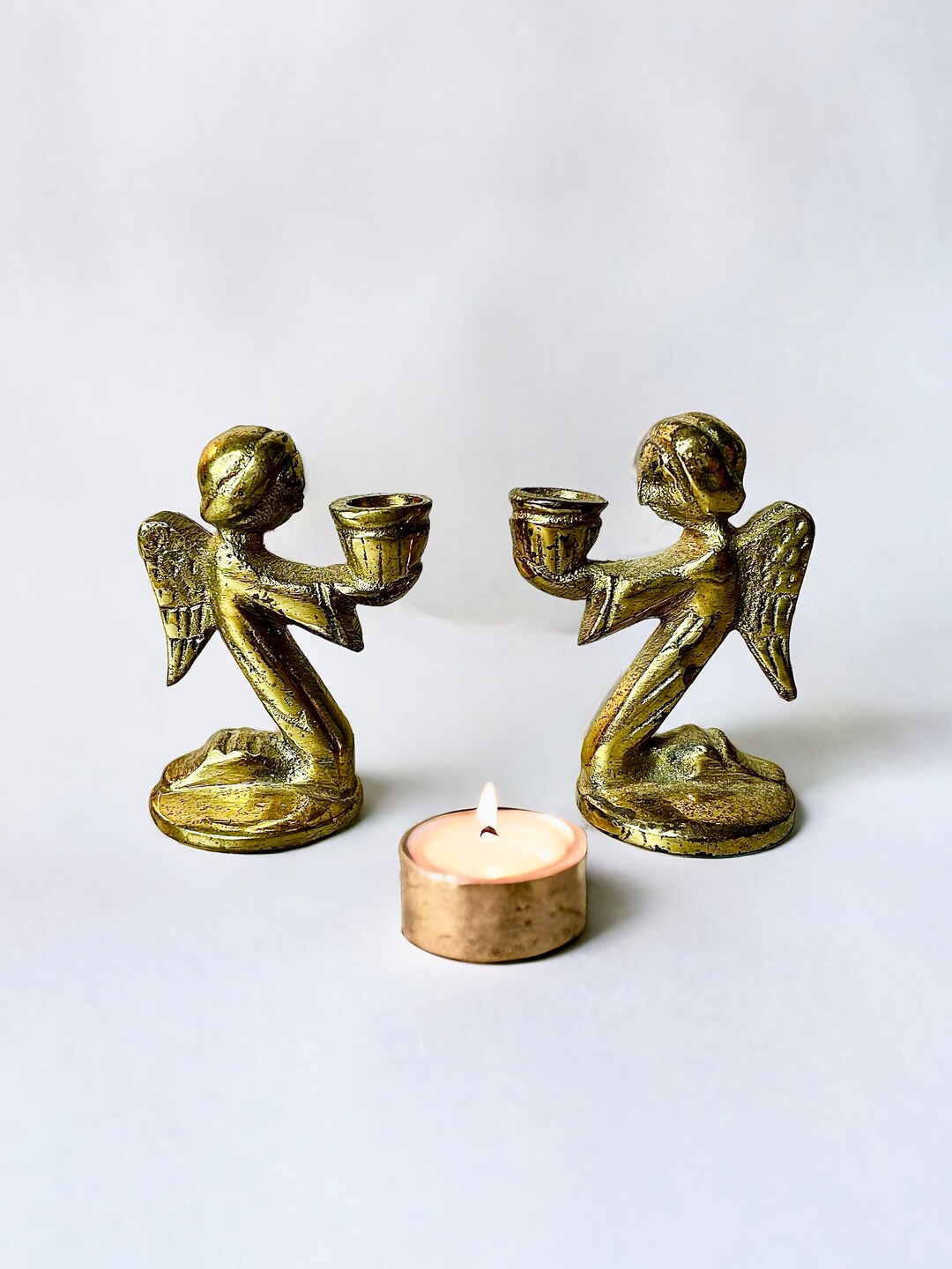 Tiny Vintage Solid Brass Pair of Angel Figurines Holding Candles ...