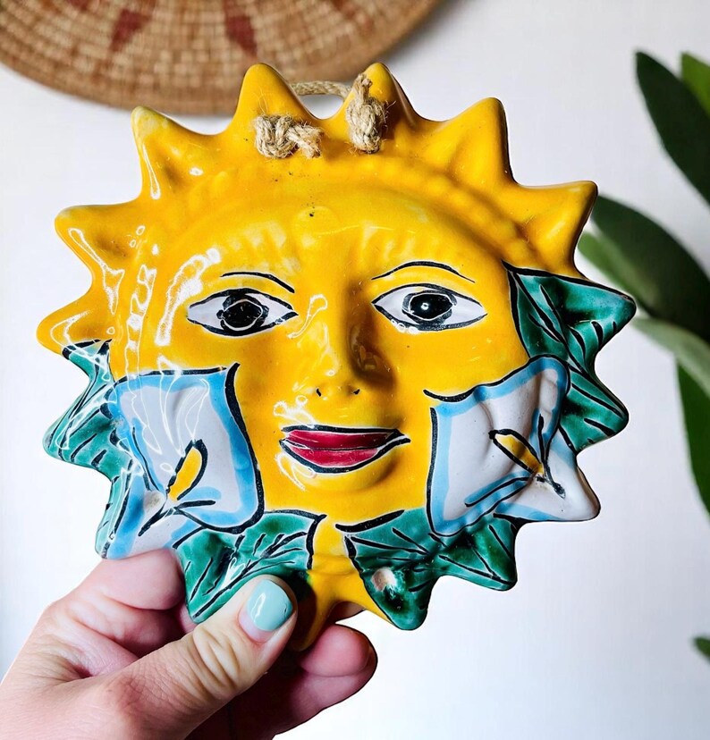 Vintage Handmade Mexican Pottery Sun Face Wall Hanging With Handpainted ...