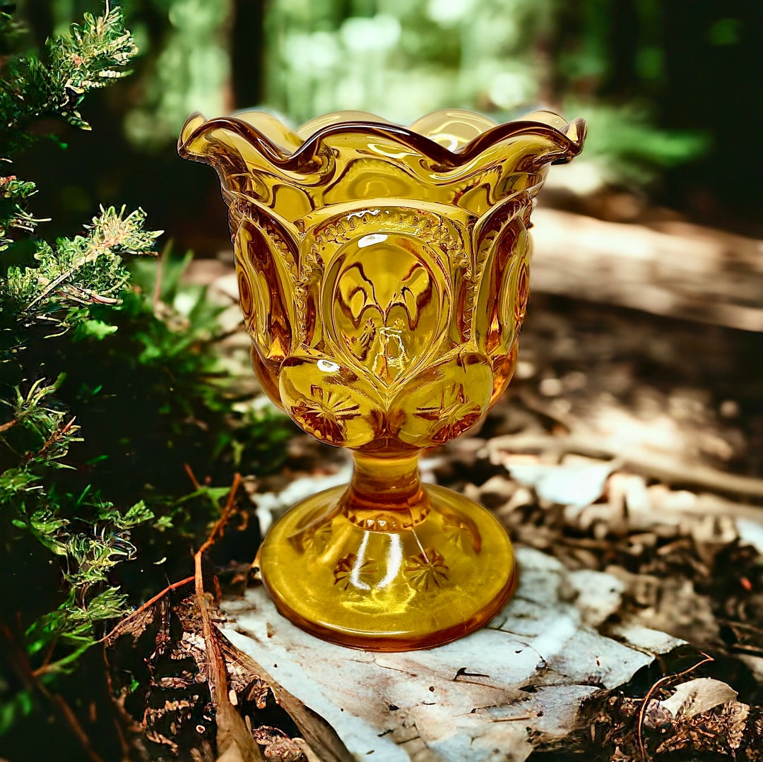 1970’s Vintage L.E. Smith Glass Amber Moon and Stars Pattern Footed ...