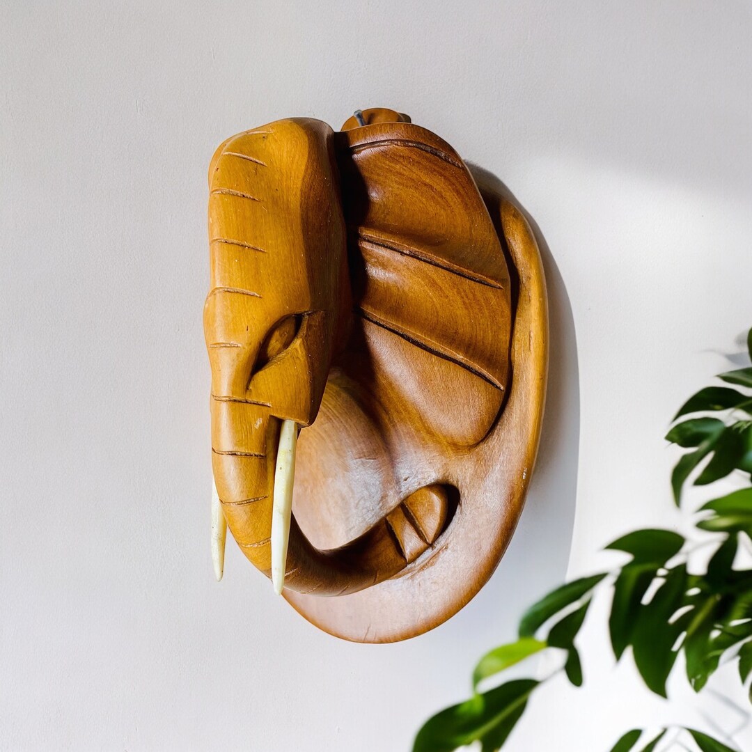 Boho Vintage Handmade Carved Teak Wood Elephant Head Mini Wall Mount ...
