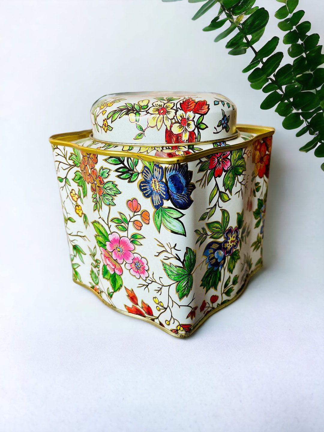 Cute Vintage Metal White Tin Box With Iridescent Gold Accented Colorful ...