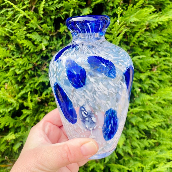 Cobalt Blue Glass Vase Hand Blown With White Swirl Etsy