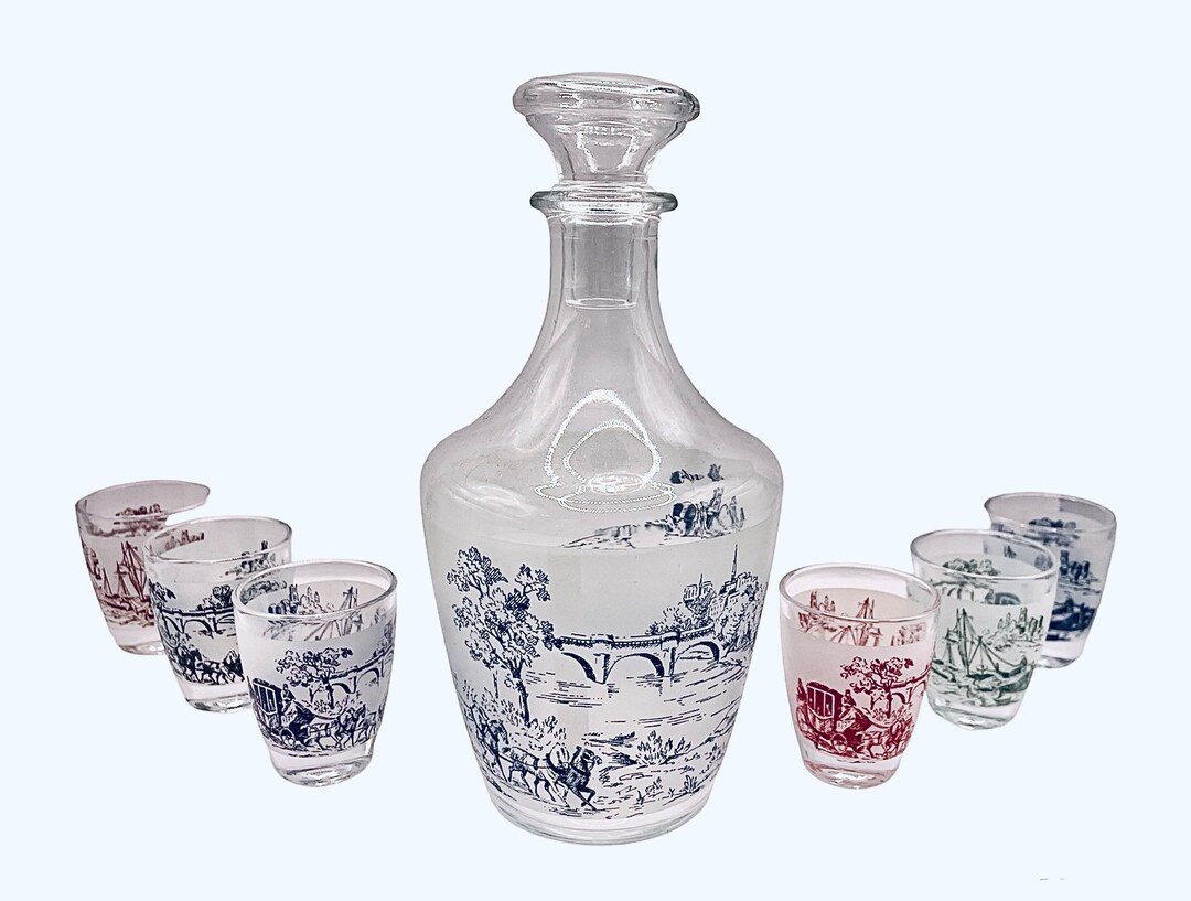 Vintage French Mid Century Modern Style Decanter With Stopper and 6 ...