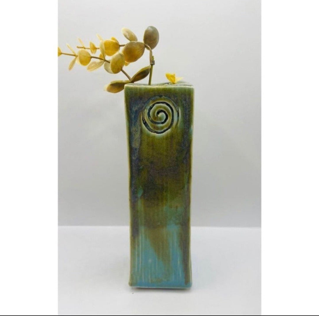 Funky Vintage Handmade Pottery Vase Green/blue Glazes Artist - Etsy