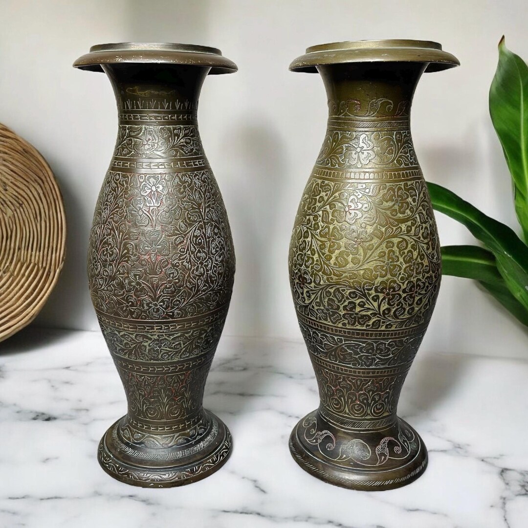 Vintage Pair of Solid Brass Vases W/etched Floral Designs & Lipped Rims ...