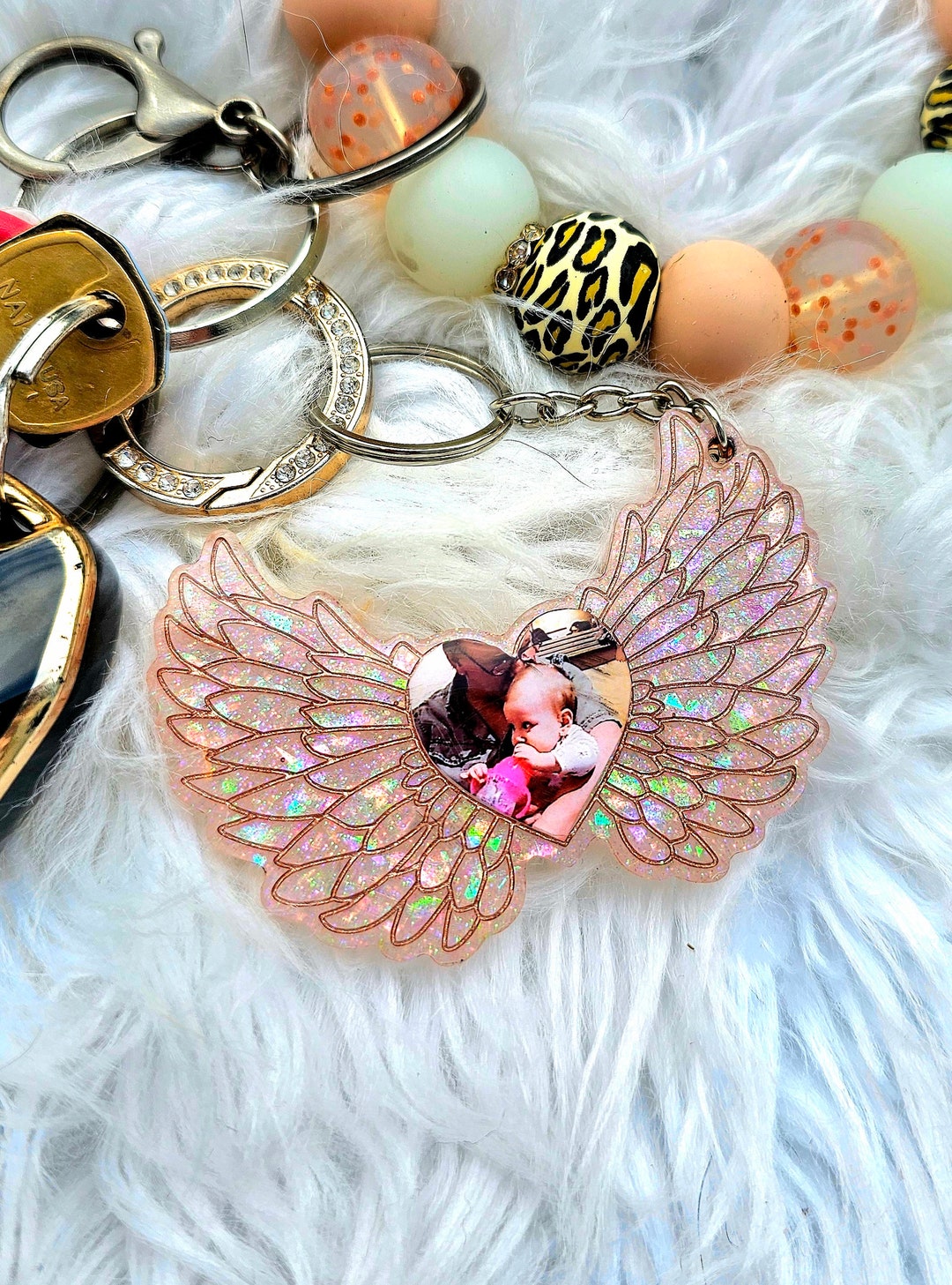 Memorial Angel Wing Keychain, Angel Wings With Heart, Personalized ...