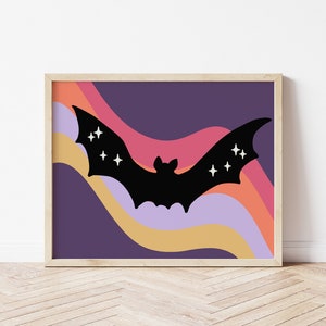 Cute Bat Art, Black Bat Printable, Retro Halloween Decor, Groovy ...