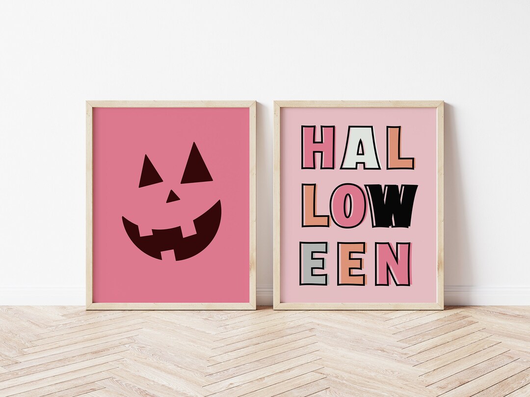 Pastel Halloween Sign, Cute Pumpkin Face Print, Pink Halloween ...