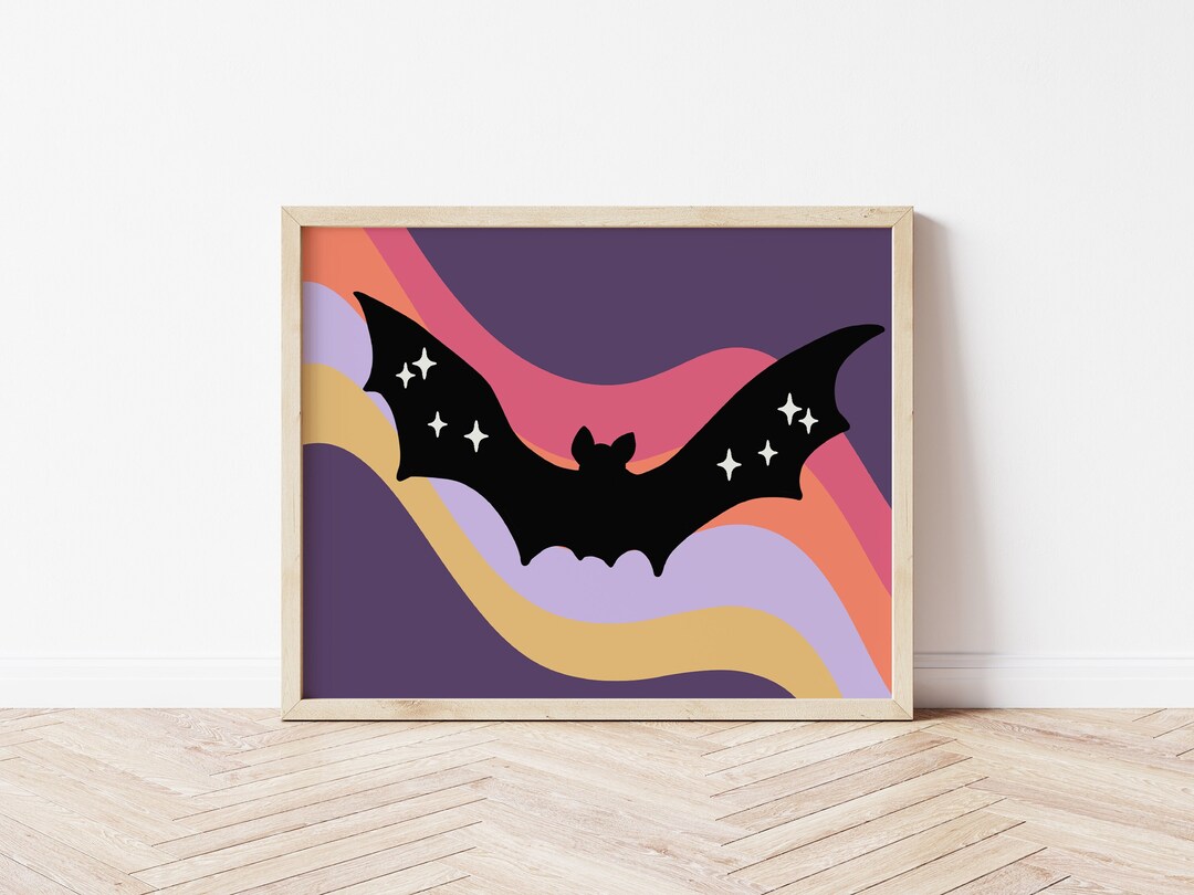 Cute Bat Art, Black Bat Printable, Retro Halloween Decor, Groovy ...