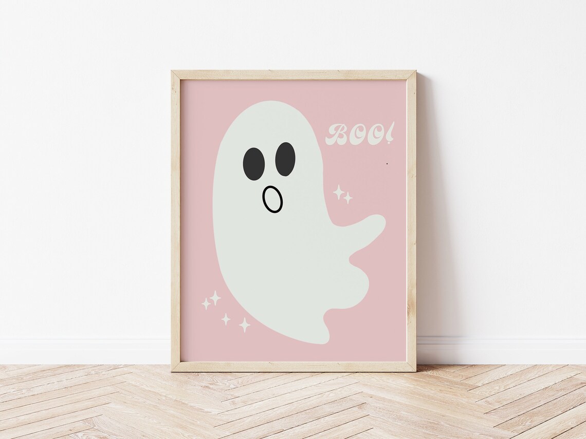 Pink Ghost Printable, Pink Halloween Decor, Halloween Wall Art, Retro ...