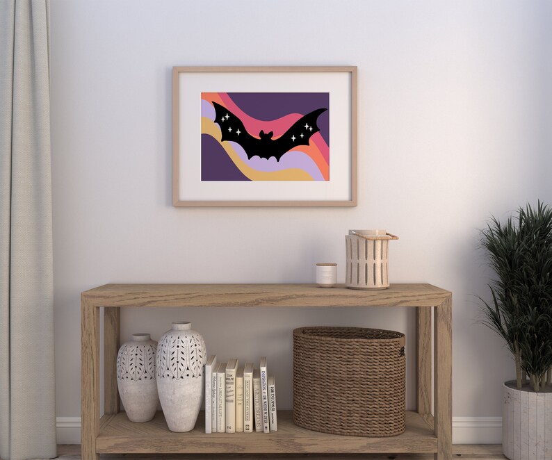 Cute Bat Art, Black Bat Printable, Retro Halloween Decor, Groovy ...