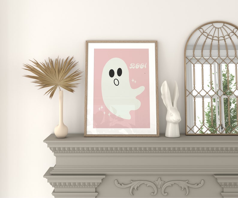 Pink Ghost Printable, Pink Halloween Decor, Halloween Wall Art, Retro ...