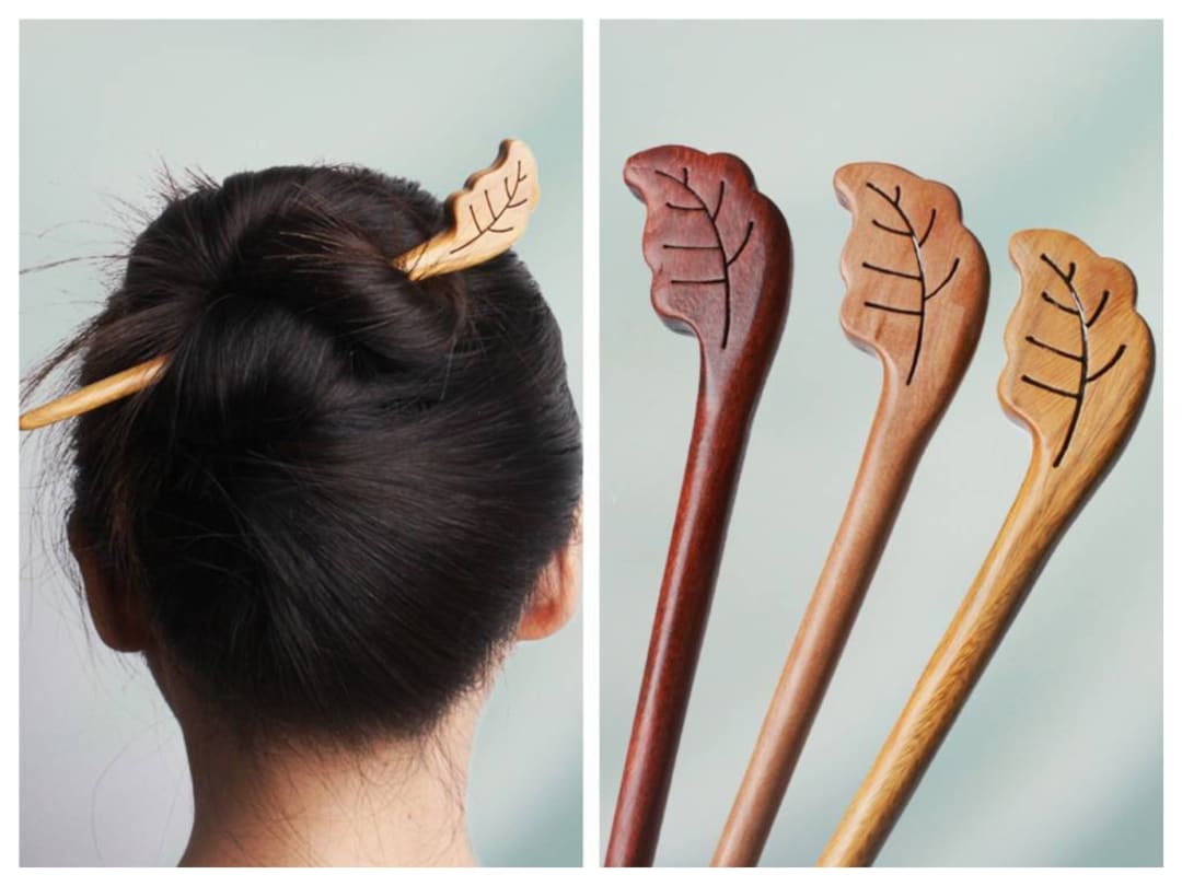 Long Elegant Wooden Leaf Shape Hairpin for Hairstyles/ Handmade Wooden ...