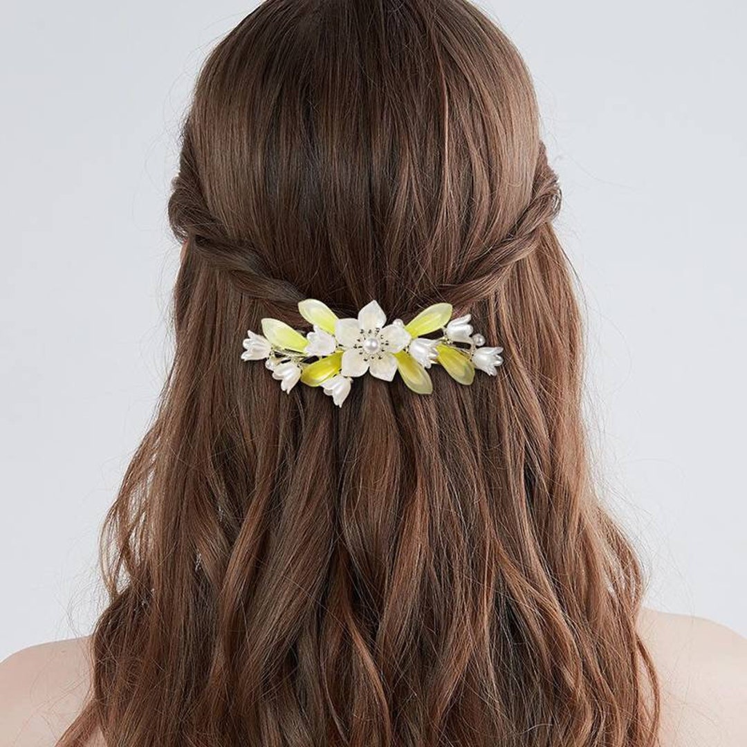 White Floral Double Clasp Hair Barrette/tulip French Style Hair Clip ...