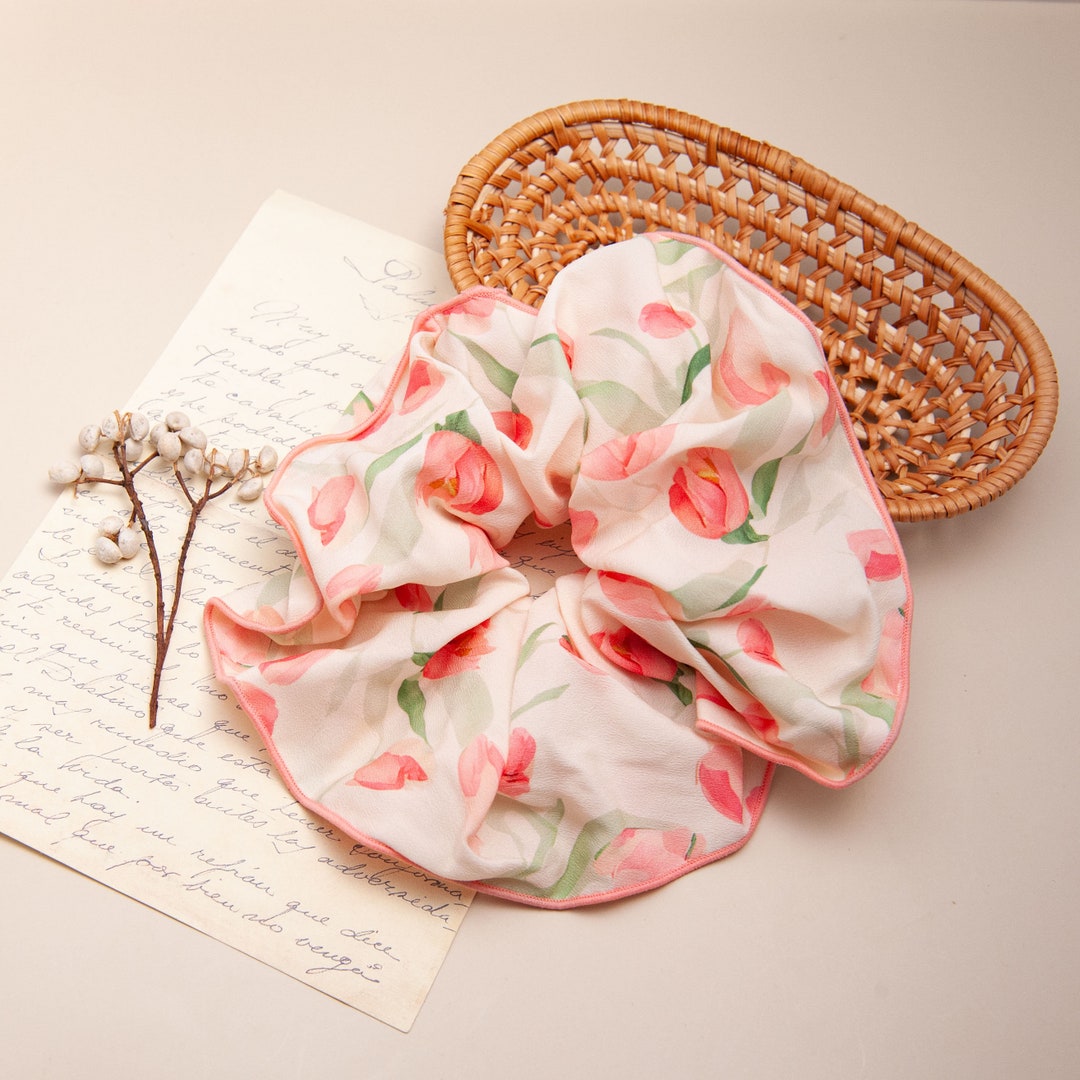 Tulip Print Scrunchie, Large Hair Scrunchie, Flower Print Accessory ...