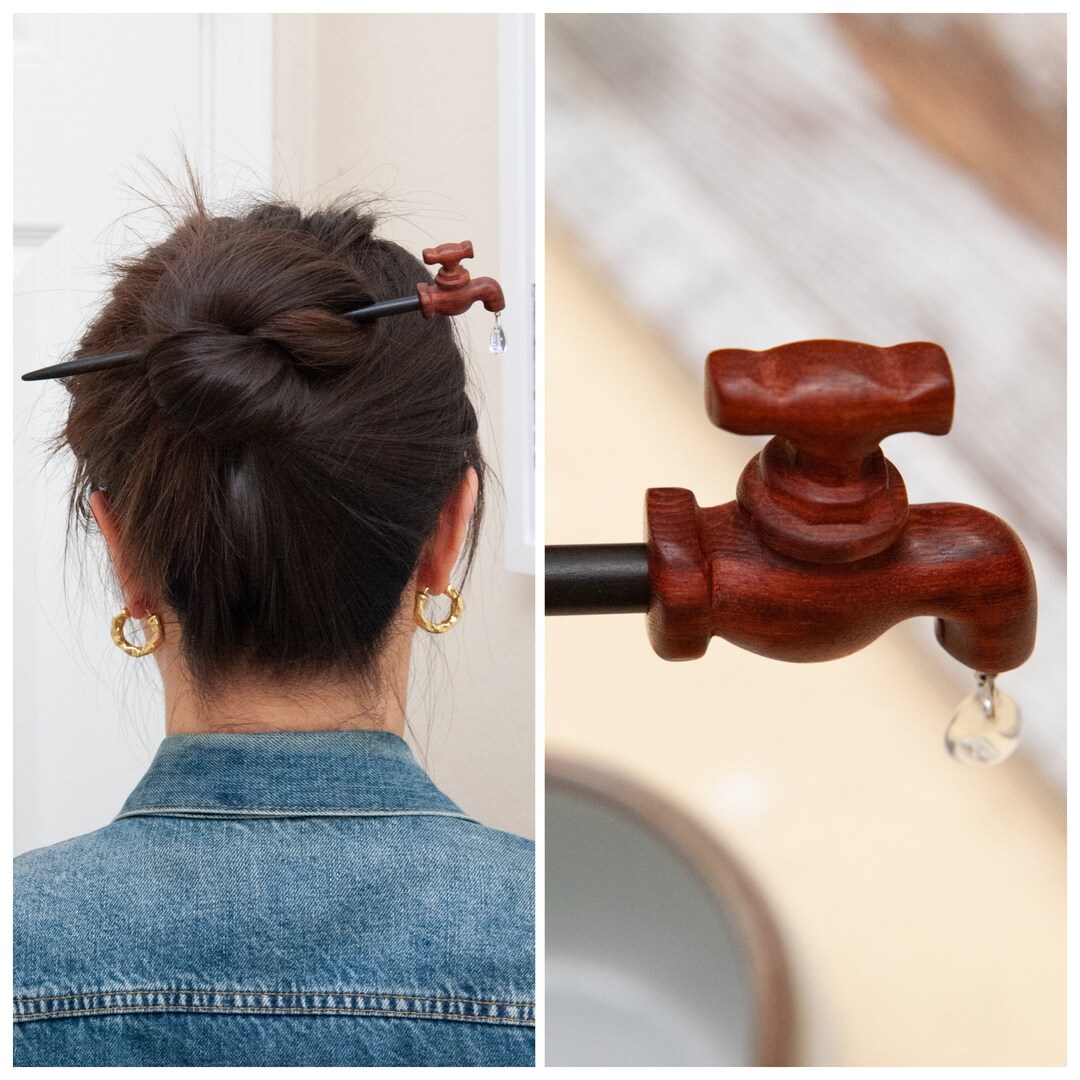 Hand Carved Wood Hair Stick With Tap and Water Drop, Fun Hair Stick ...
