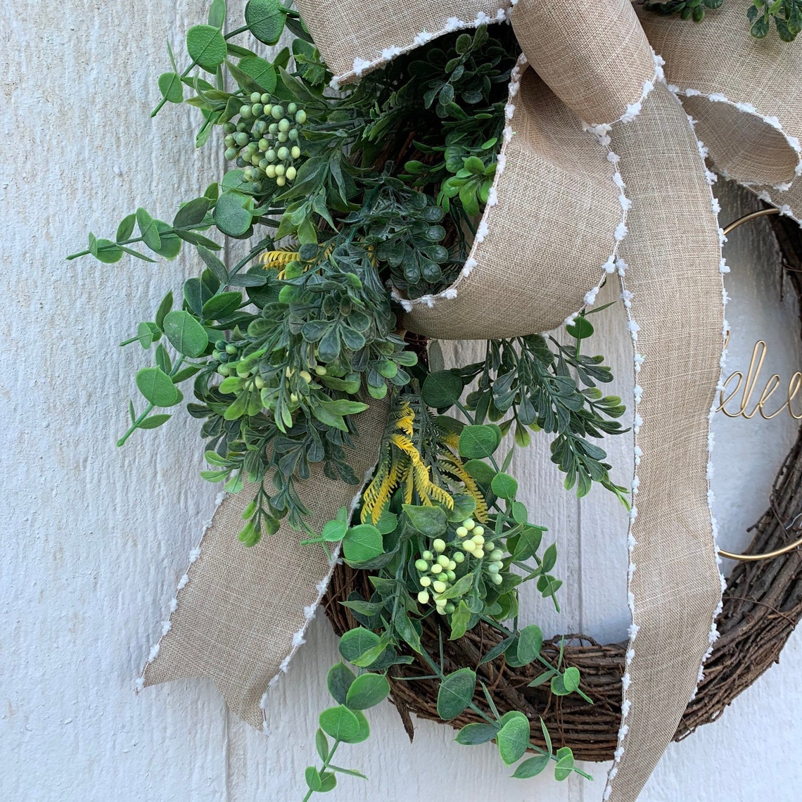 Rustic Wreath for Front Door With Greenery and Beige - Etsy