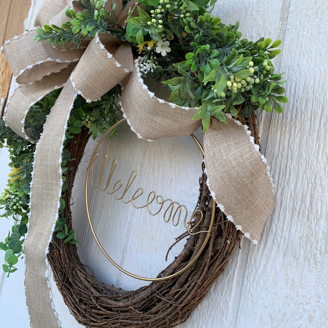 Rustic Wreath for Front Door With Greenery and Beige - Etsy