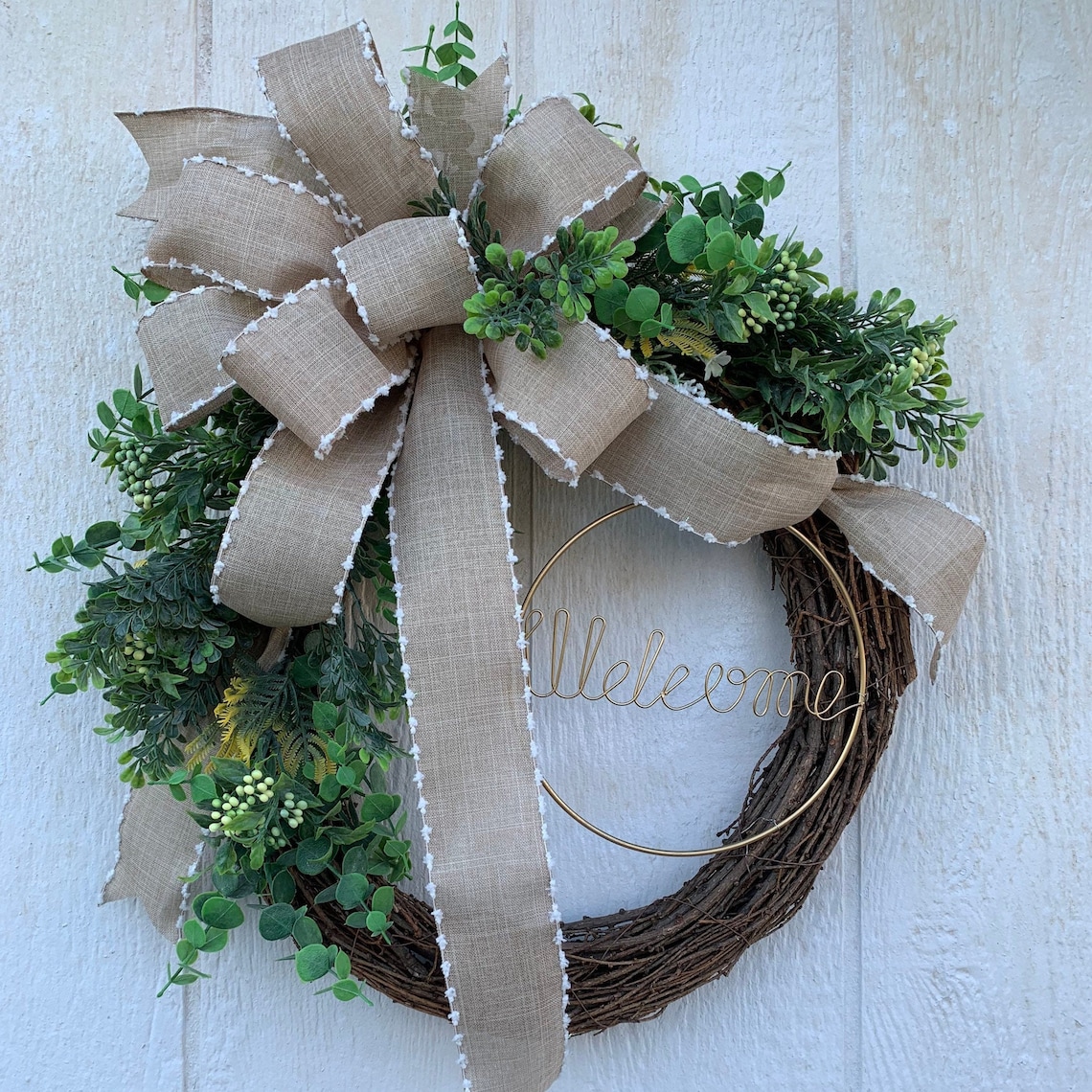 Rustic Wreath for Front Door With Greenery and Beige Bow for | Etsy