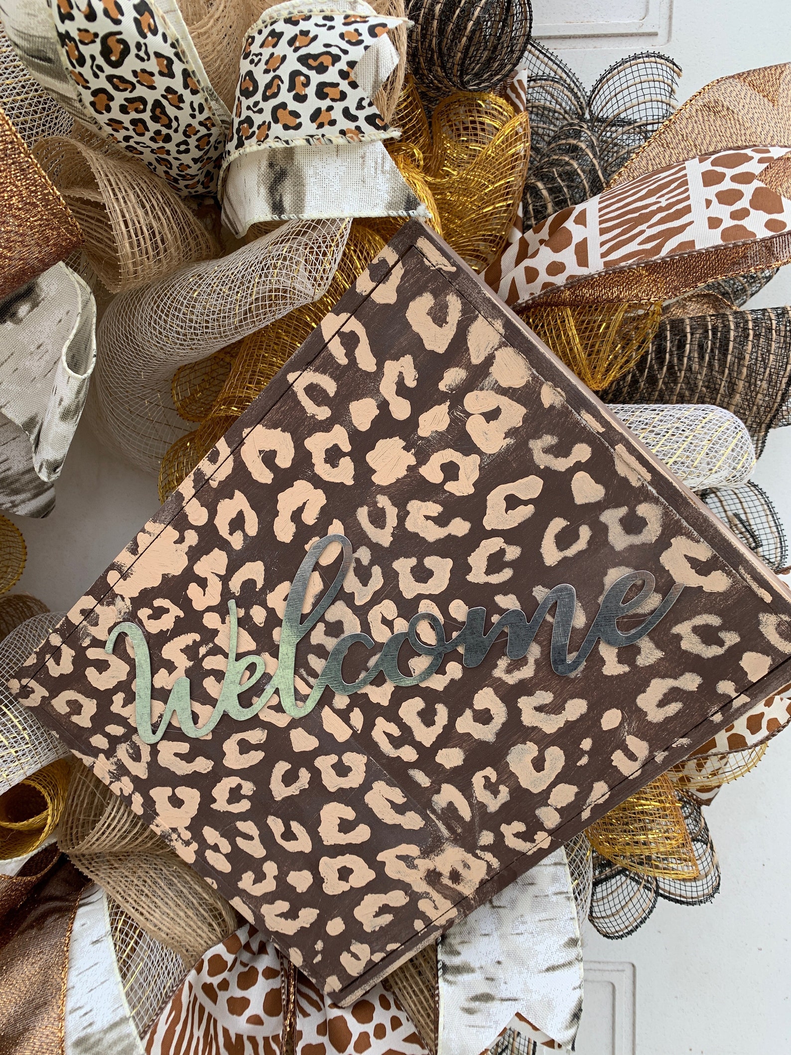 Leopard Print Front Door Wreath, Deco Mesh Wreath, Gold and Brown ...