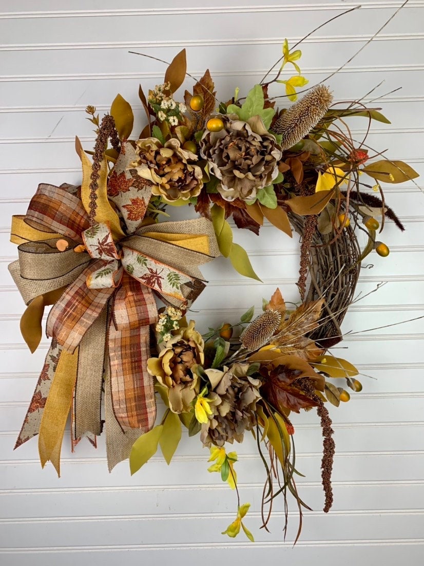 Rustic Fall Wreath, Farmhouse Brown Peonies Wreath, Natural Fall Leaves ...