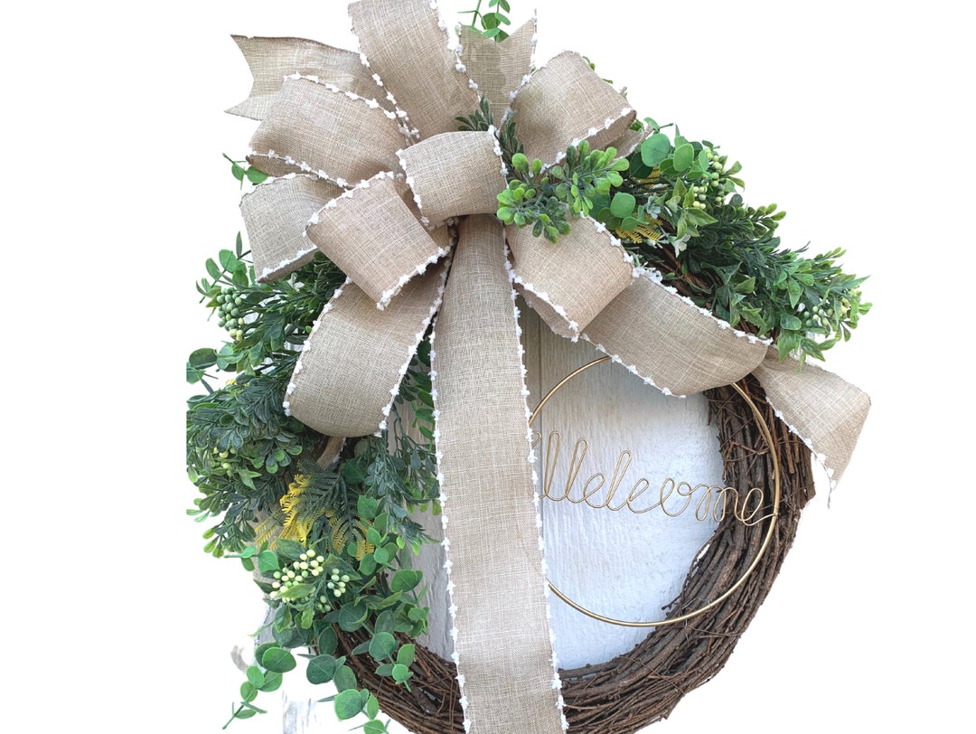 Rustic Wreath for Front Door With Greenery and Beige, Minimalist ...