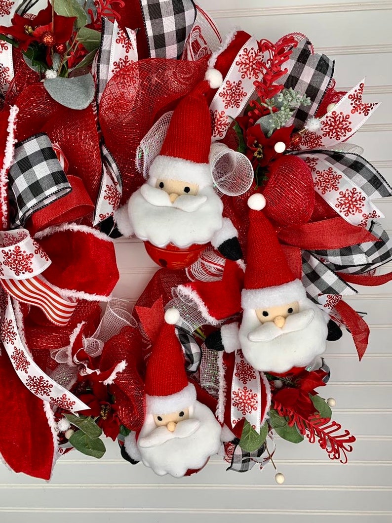 Red and White Santa Wreath, Holiday Christmas Deco Mesh Wreath ...