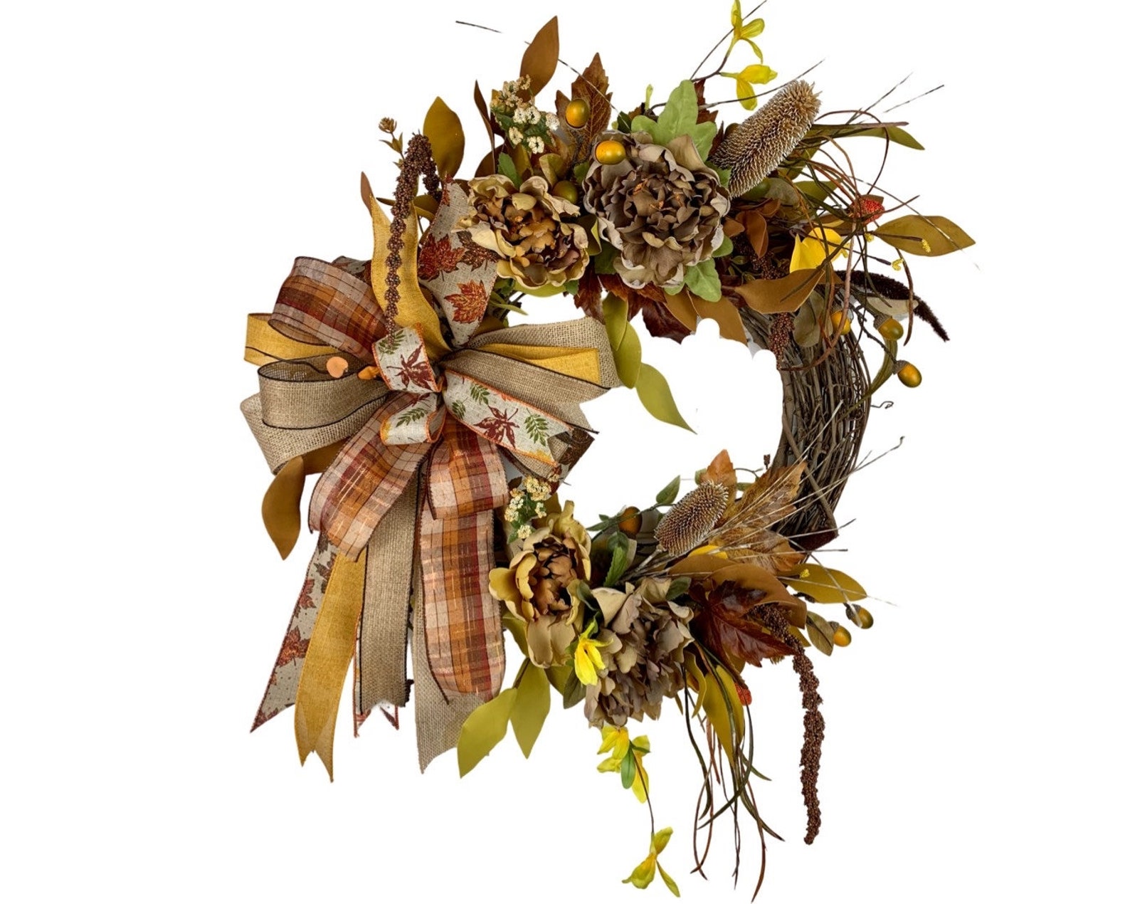 Rustic Fall Wreath, Farmhouse Brown Peonies Wreath, Natural Fall Leaves ...