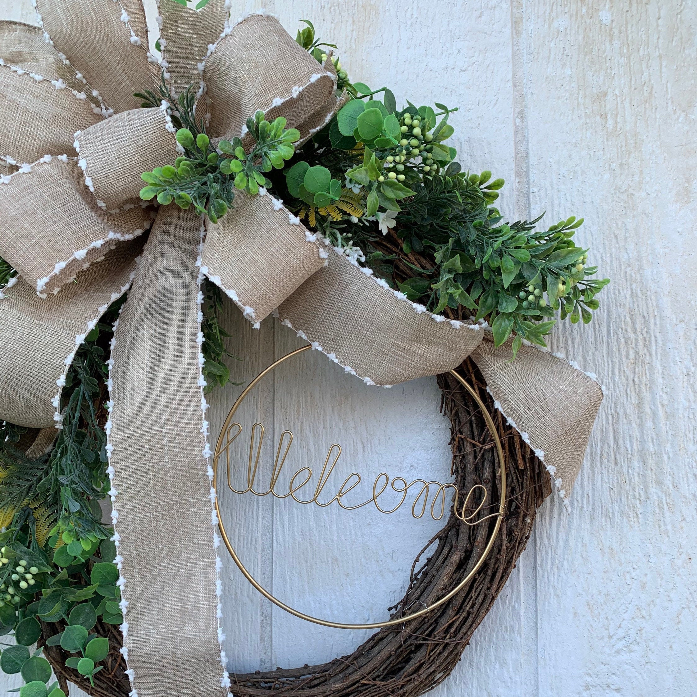 Rustic Wreath for Front Door With Greenery and Beige, Minimalist ...