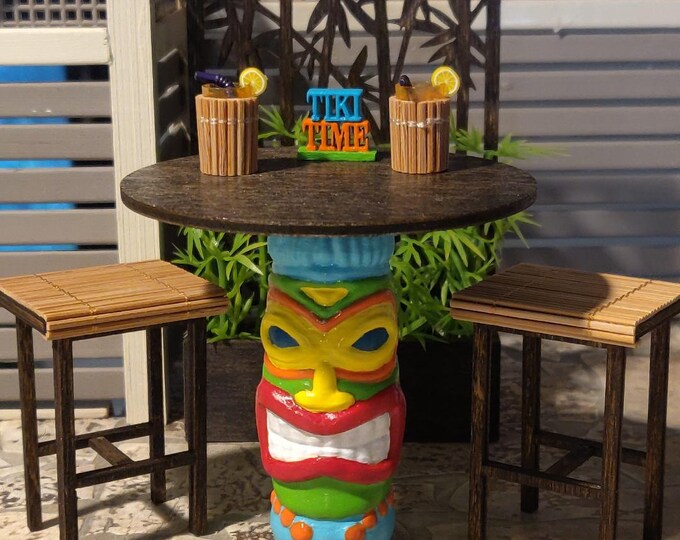 Miniature Tiki Table W/bamboo Stools / 1:12 Scale Tiki Pub Table and ...