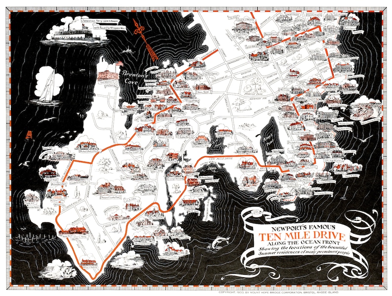 Newport Rhode Island Map Print | 1933 Ten Mile Drive, Mansions - Etsy